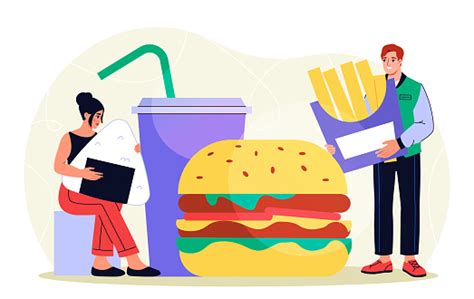 패스트 푸드를 가진 사람들 감자 튀김을 가진 남자와 거대한 햄버거 근처에서 음료를 가진 여자 테이크 아웃 식사를하는 사람들 정크 푸드가있는 카페 메뉴 평면 벡터 일러스트