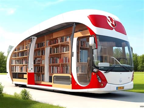 Premium AI Image Bus With Library In The Street