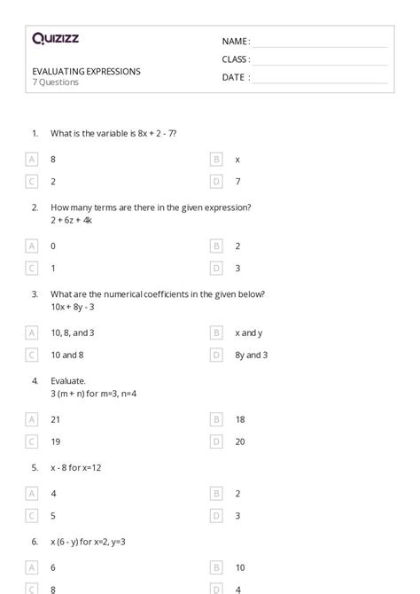50 Evaluating Expressions Worksheets On Quizizz Free And Printable