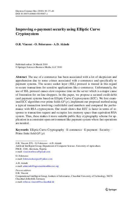Pdf Improving E Payment Security Using Elliptic Curve Cryptosystem