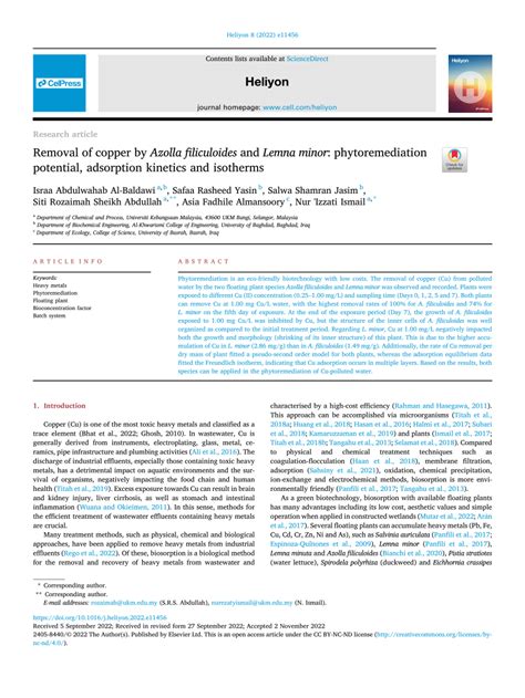 Pdf Removal Of Copper By Azolla Filiculoides And Lemna Minor Phytoremediation Potential