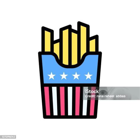 7월 4일 관련 유나이티드 스테이트 플래그 스타일의 감자 튀김 팩에 별과 스트립 벡터를 편집 가능한 스트로크로 7월에 대한 스톡