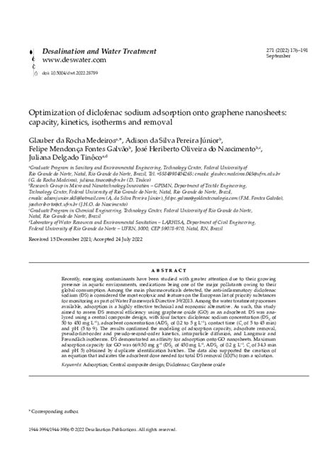 Pdf Optimization Of Diclofenac Sodium Adsorption Onto Graphene Nanosheets Capacity Kinetics