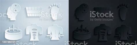 마사지 석조 요법 발 마사지 사다리가있는 수영장 사우나 양동이 및 음양 아이콘을 설정합니다 벡터 3차원 형태에 대한 스톡 벡터 아트 및 기타 이미지 Istock