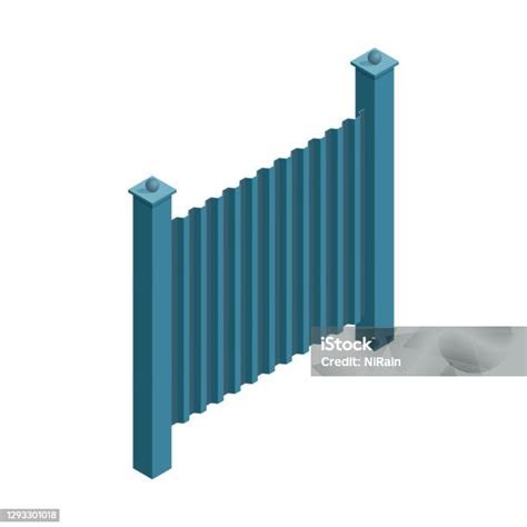 흰색 배경에 격리 된 등색 철 울타리 벡터 프로파일 시트 테두리입니다 기둥이 있는 3d 벡터 울타리입니다 웹 디자인 게임 환경