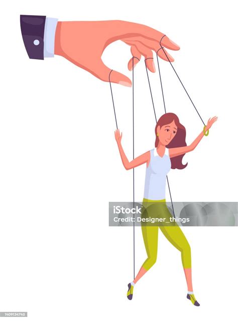 꼭두각시 손 제어 인형 꼭두각시 주인에 의해 통제되는 비즈니스 여성 또는 노동자 꼭두각시처럼 여성을 조작합니다 고용주 지배 착취 또는 권한 조작자 마리오네트에 대한 스톡