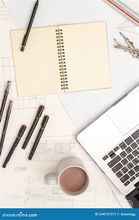 Mockup Of Architectural Concept Drawing Tools And Engineer Drawing On Blueprint With Safety