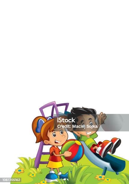 흰색 배경에 장난감 슬라이드에 아이 들과 함께 만화 놀이터 장면텍스트 공간을 가진 템플릿 공 스포츠 장비에 대한 스톡 벡터 아트 및 기타 이미지 공 스포츠 장비 공원