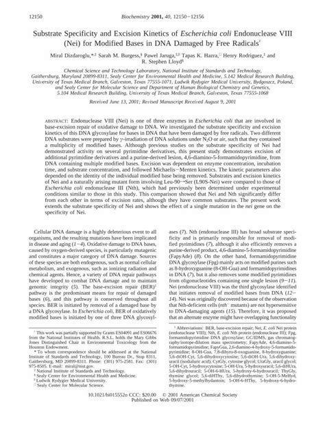 Pdf Substrate Specificity And Excision Kinetics Of Escherichia Coli