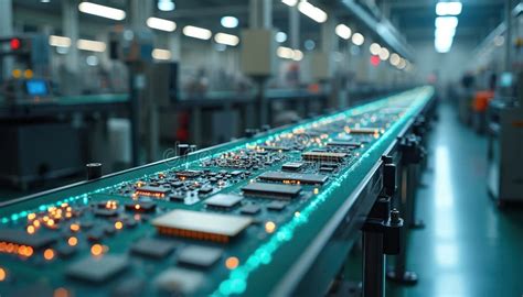 Automated Assembly Line In Modern Electronics Factory Circuit Boards Move Along Conveyor Belt