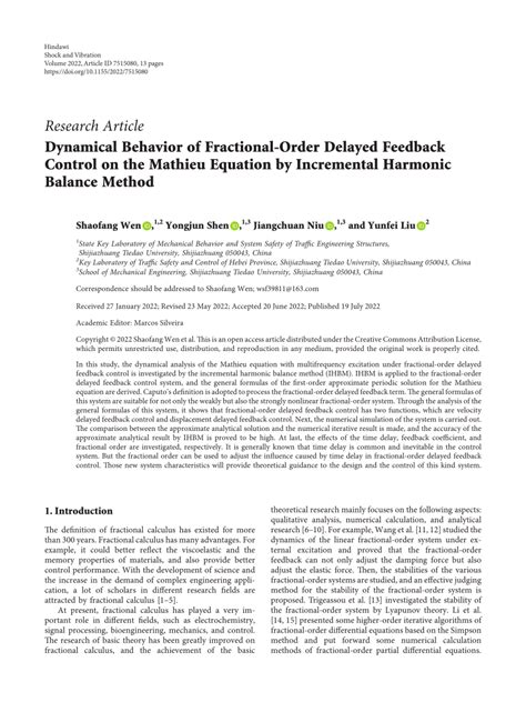 PDF Dynamical Behavior Of Fractional Order Delayed Feedback Control On The Mathieu Equation By