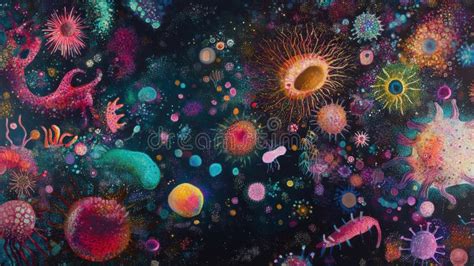 Diverse Array Of Colorful Bacteria And Microbes In A Vibrant