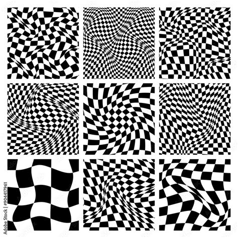 Trendy Checkered Pattern Black And White Distorted Tiled Grid Wavy