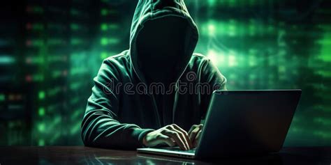 Anonymous Digital Operative Behind A Laptop Hacker In A Dark Room Stock Illustration