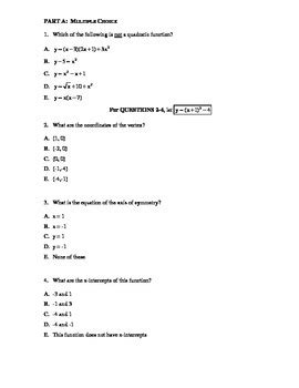 Quadratic Functions Unit Test With FULL SOLUTIONS TpT