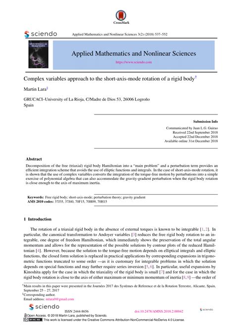 Pdf Complex Variables Approach To The Short Axis Mode Rotation Of A
