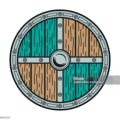 룬 기호와 철 테두리나무 색상의 둥근 바이킹 방패 빈티지 벡터 컬러 일러스트 손으로 그린 흰색 배경에 격리 라벨 문신 포스터용