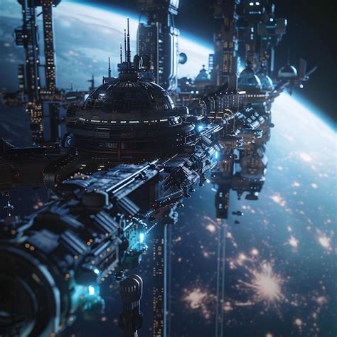 Futuristic Space Station Orbiting Planet Premium Ai Generated Image