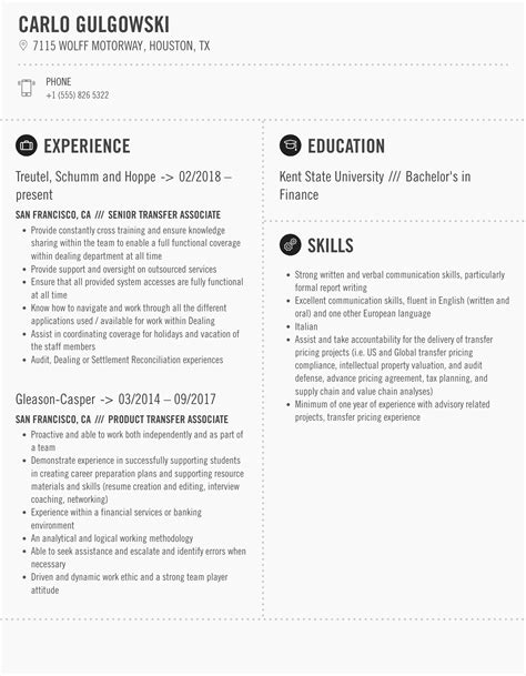 Transfer Associate Resume Samples Velvet Jobs