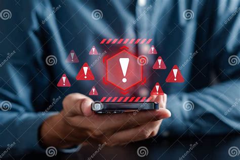 System Warning Caution Sign On Smartphone Scam Virus Attack On Firewall For Notification Error