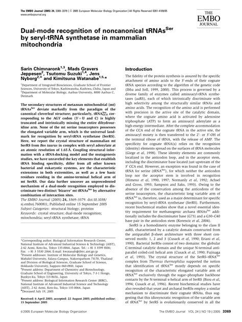 Pdf Dual Mode Recognition Of Noncanonical Trnaser By Seryl Trna Synthetase In Mammalian