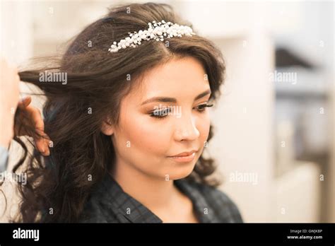 Hair Stylist Makes The Bride Before A Wedding Stock Photo Alamy