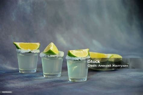 소금 결정에 가장자리와 라임 조각 의 상단에 감귤류조각과 회색 배경에 소금 의 핀치와 함께 유리 접시 위에 데킬라 의 세 잔 3가지 개체에 대한 스톡 사진 및 기타 이미지