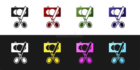 Set Scissors Cutting Money Icon Isolated On Black And White Background Price Cost Reduction Or