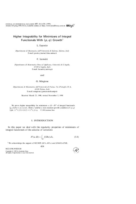 Pdf Higher Integrability For Minimizers Of Integral Functionals With P Q Growth