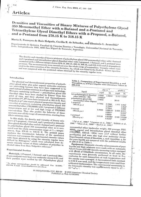 Pdf Densities And Viscosities Of Binary Mixtures Of Polyethylene Glycol 350 Monomethyl Ether