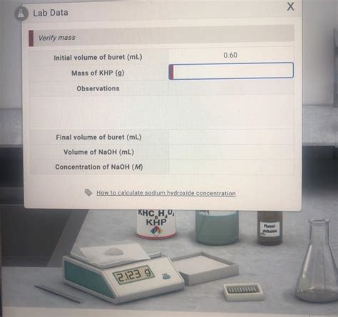 Х a lab data verify mass initial volume of buret ml