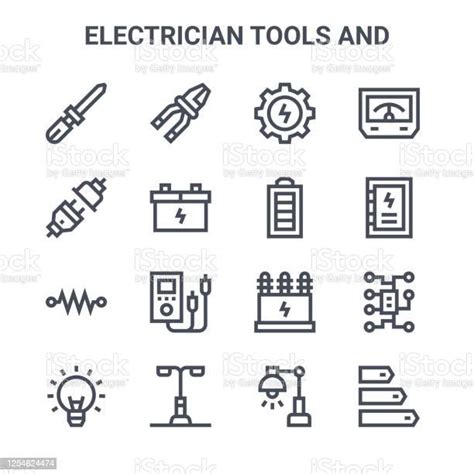 16 개의 전기 도구 및 컨셉 벡터 라인 아이콘 세트 펜치 전원 플러그 배전 보드 변압기 가로등 에너지 클래스 책상 램프 배터리 상태 아이콘에 대한 스톡 벡터 아트 및 기타