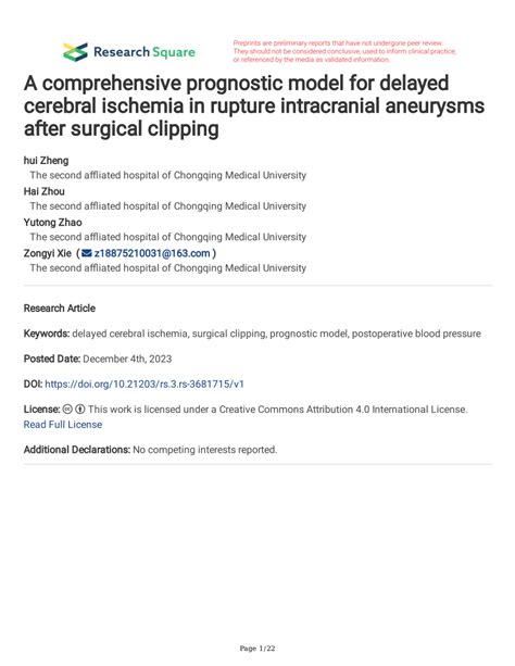 Pdf A Comprehensive Prognostic Model For Delayed Cerebral Ischemia In Rupture Intracranial