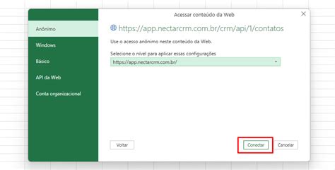 microsoft excel via api central de ajuda nectarcrm