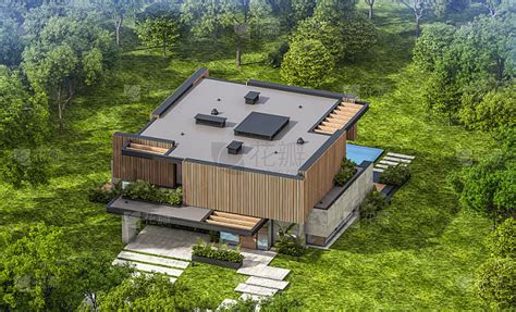 现代住宅的3d渲染与木板立面