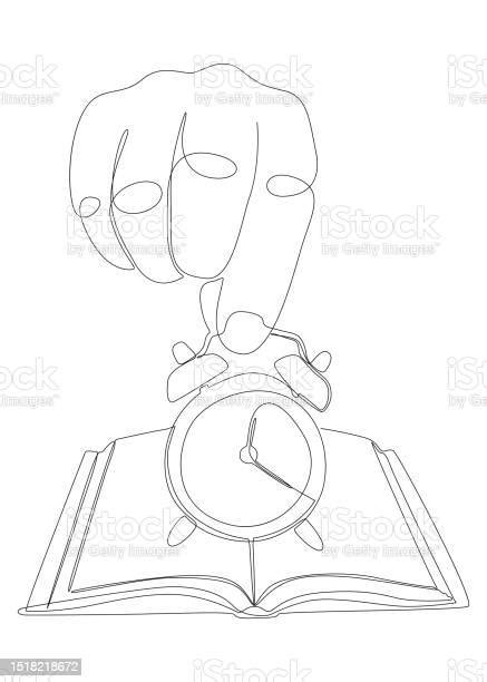 알람 시계가 있는 책의 연속 한 줄 가는 선 교육용 일러스트레이션 벡터 개념입니다 등고선 그리기 배울 시간을 위한 창의적인