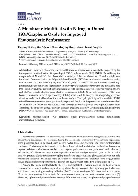 Pdf A Membrane Modified With Nitrogen Doped Tio2 Graphene Oxide For Improved Photocatalytic
