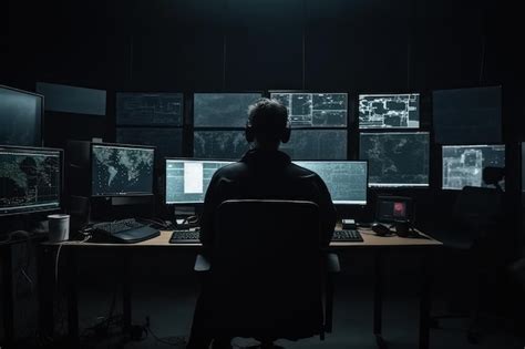 Premium Ai Image Rear View Of Hacker That Is Sitting By Many Monitors
