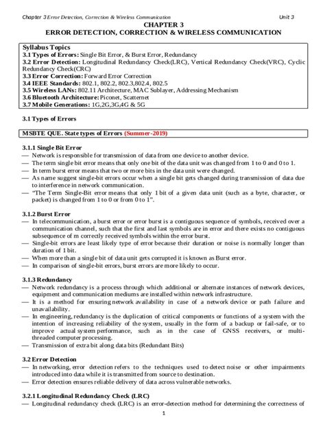 Upto Ct1 Chapter 3 Error Detection Correction And Wireless Communication Pdf Error Detection
