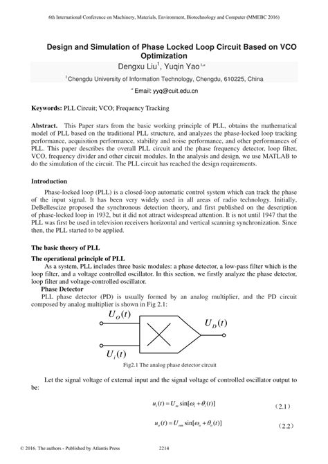 Pdf Design And Simulation Of Phase Locked Loop Circuit Based On Vco