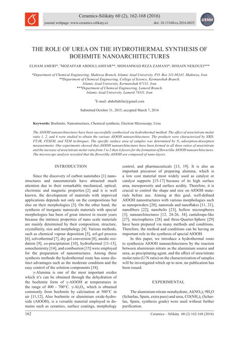 Pdf The Role Of Urea On The Hydrothermal Synthesis Of Boehmite Nanoarchitectures