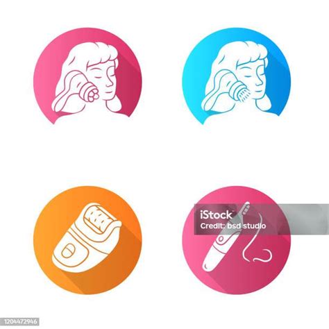 뷰티 장치 평면 디자인 긴 그림자 문고 아이콘 세트 얼굴 마사지기 클리닝 브러쉬 제모기 및 코 헤어 트리머 화장품 악기 미용 전동 공구 벡터 실루엣 일러스트레이션 개념에