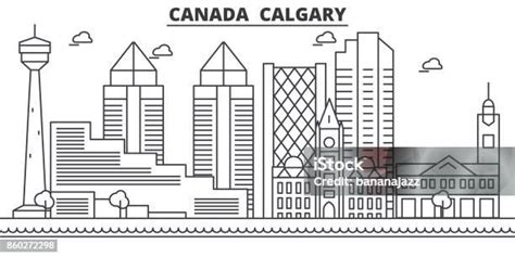 캐나다 캘거리 건축 선 스카이 라인 일러스트입니다 유명한 랜드마크 시티 명소와 선형 벡터 풍경 디자인 아이콘 편집 가능한 선 프리 캘거리에 대한 스톡 벡터 아트 및 기타