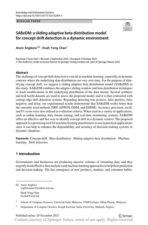 Sabedm A Sliding Adaptive Beta Distribution Model For Concept Drift