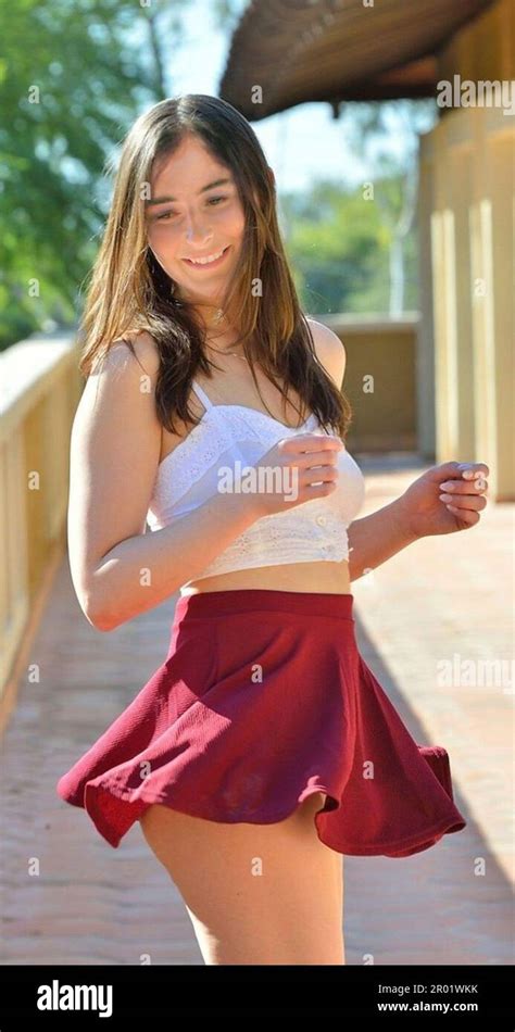 Happy Young Brunette Teenage Girl Wearing A Crop Top And A Mini Skirt