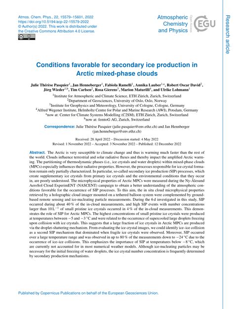 Pdf Conditions Favorable For Secondary Ice Production In Arctic Mixed Phase Clouds