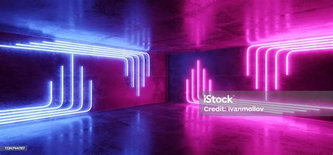 공상 과학 소설 파란 분홍색 자주색 네온 미래 지향적 인 사이버 펑크 빛나는 복고풍 현대 활기찬 조명 레이저 쇼 빈 무대 룸 홀 반사 콘크리트 그런 지 클럽 배경 3d