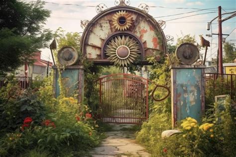 Premium Photo Overgrown Entrance Gate With Faded Amusement Park Sign