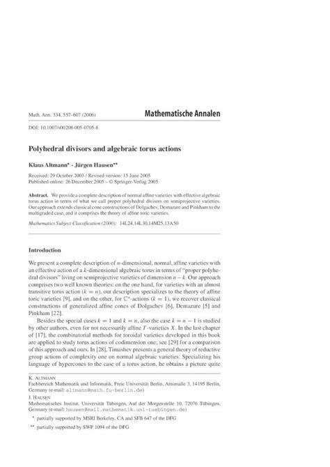 Pdf Polyhedral Divisors And Algebraic Torus Actions · Introduction We
