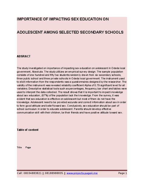 Doc Importance Of Impacting Sex Education On Adolescent Among Selected Secondary Schools Title